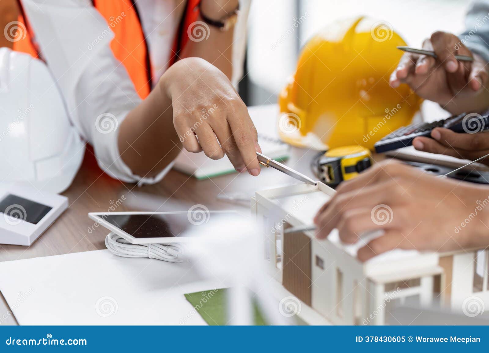 Construction Projects. Planning. Open Blueprints With A Pencil A ...