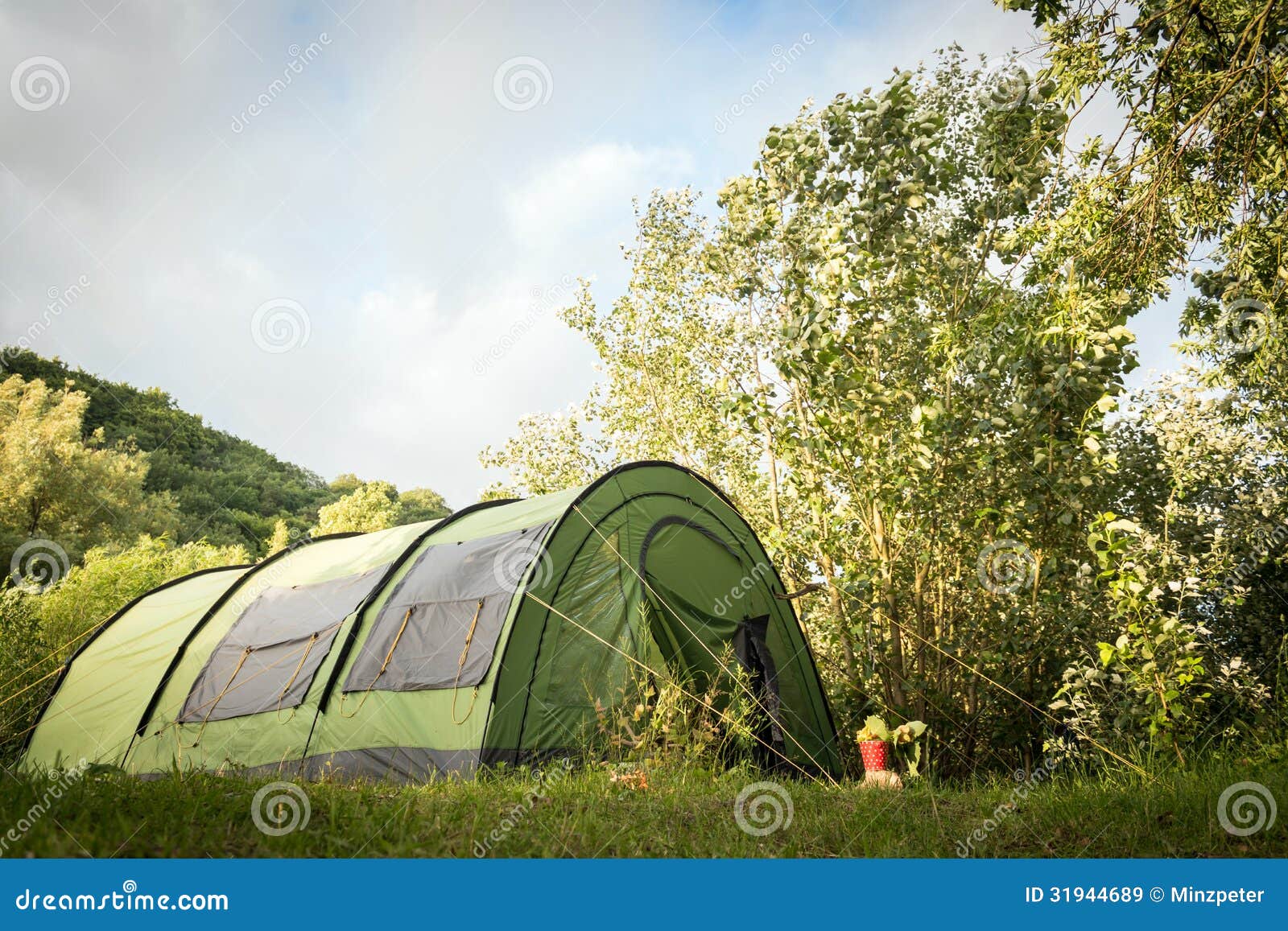 Green Tent In Forest At Foot Of Mountain Range Stock Photography ...