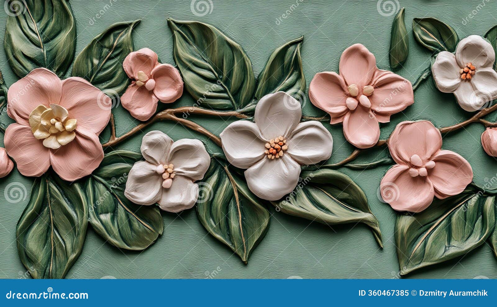 A Green, Textured Background Featuring Embossed Leaves and Flowers ...