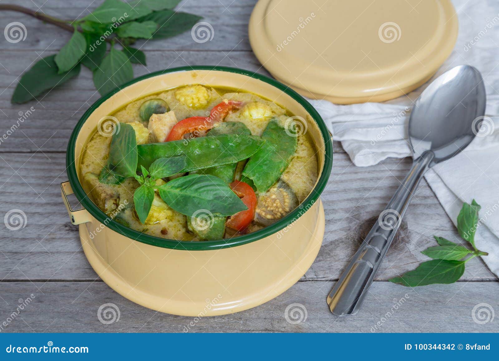 Green Thai Curry in a Bowl on Wooden Table Stock Photo - Image of sugar ...