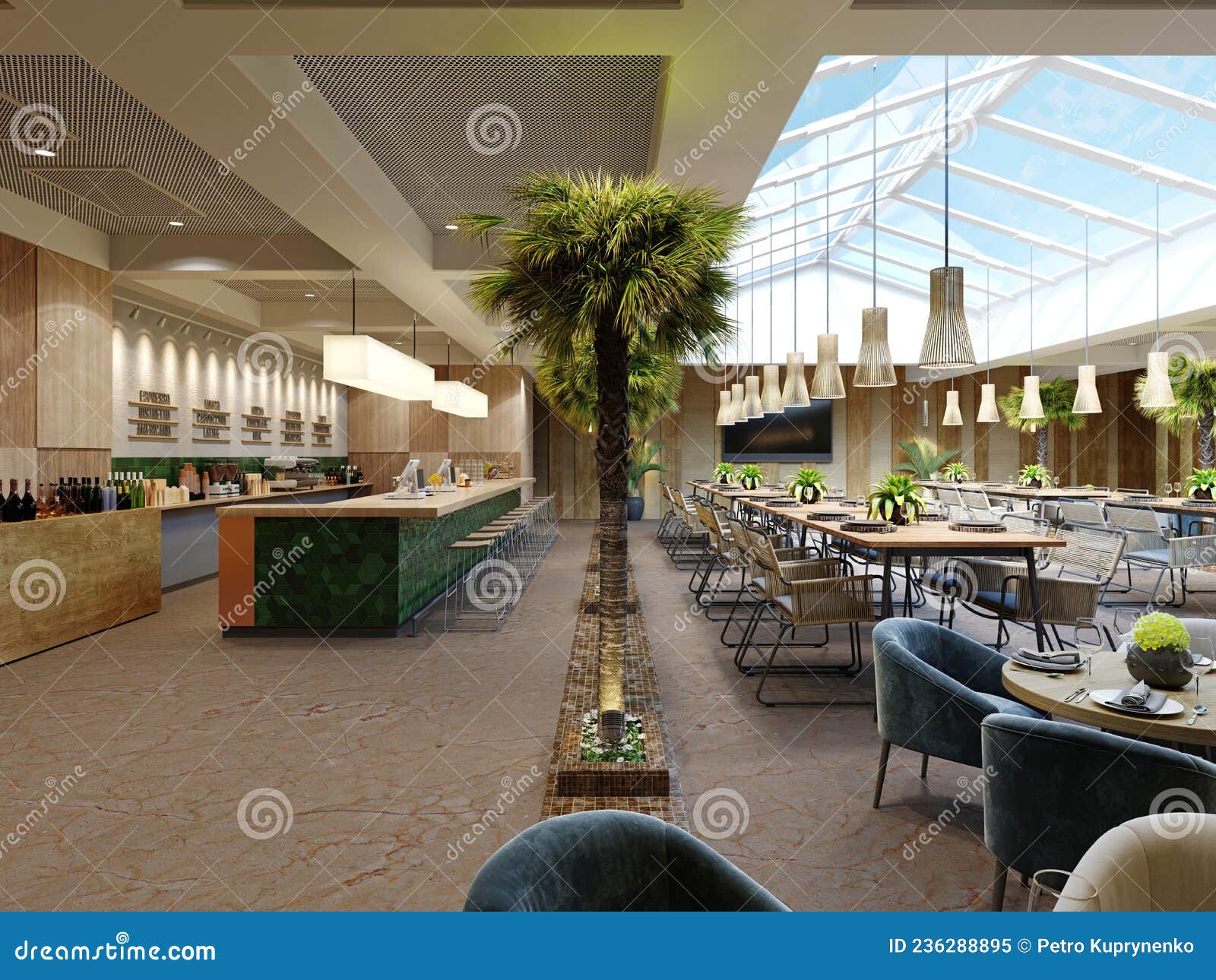 Green Tiled Bar Counter with Bar Stools in a Modern Restaurant with ...