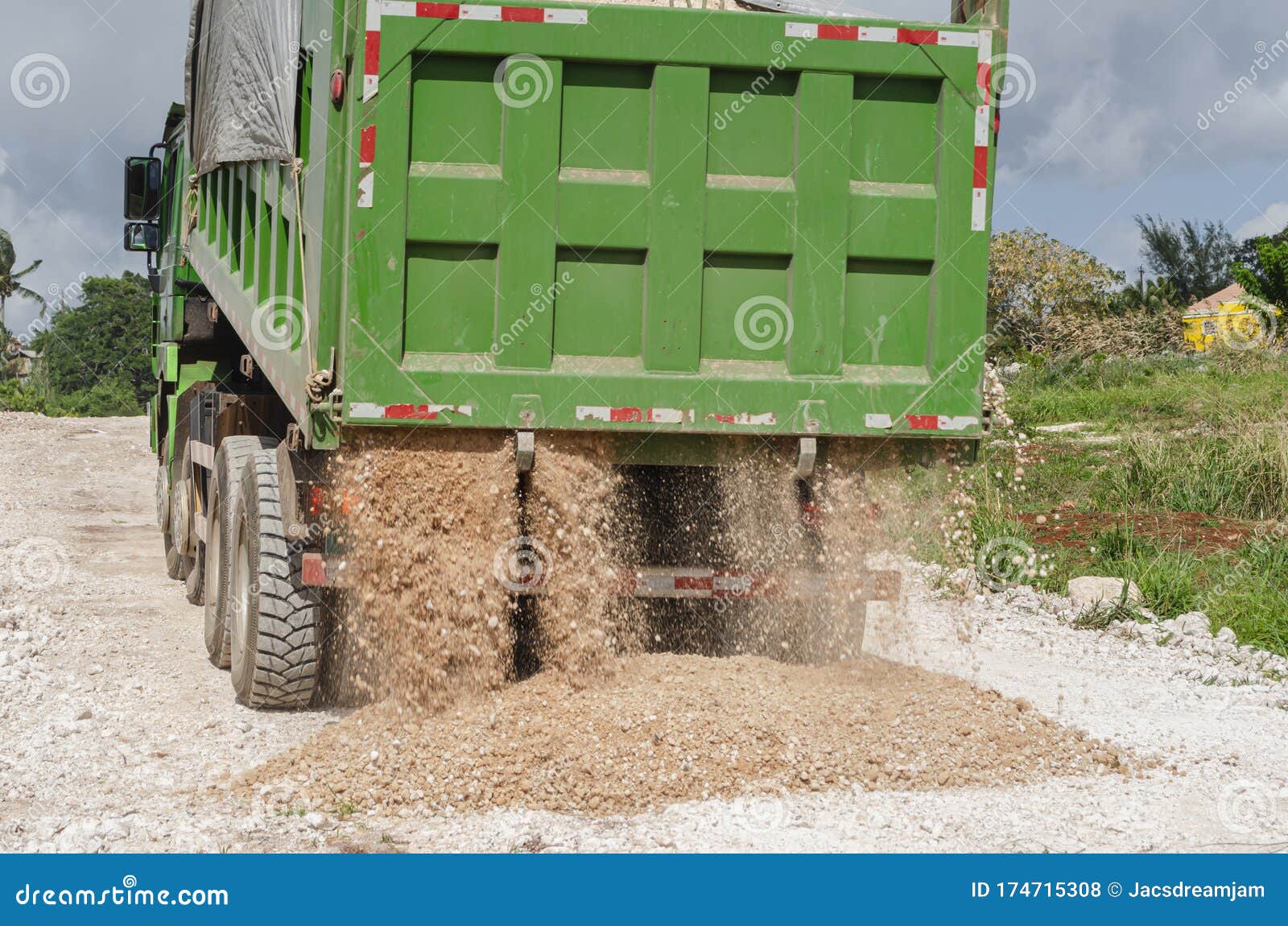 Green Tipper Semi Truck With Day Cab And Two Tip Trailers Running On ...
