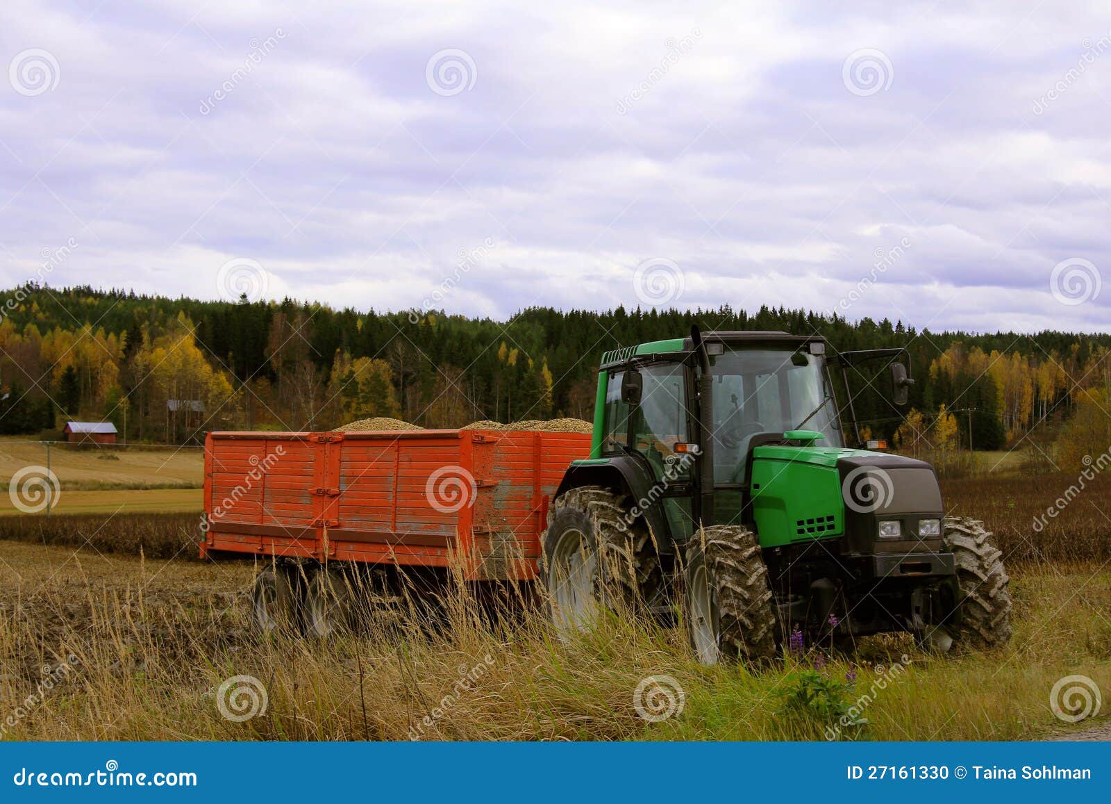 Green Tractor and Agricultural Trailer Stock Photo - Image of fall ...