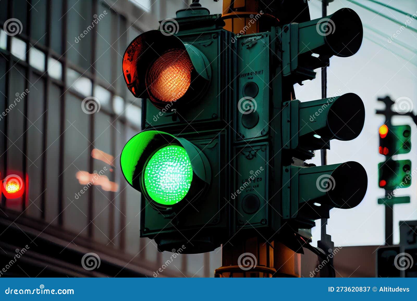 Green Traffic Light Hanging from the Ceiling in Busy Intersection Stock ...