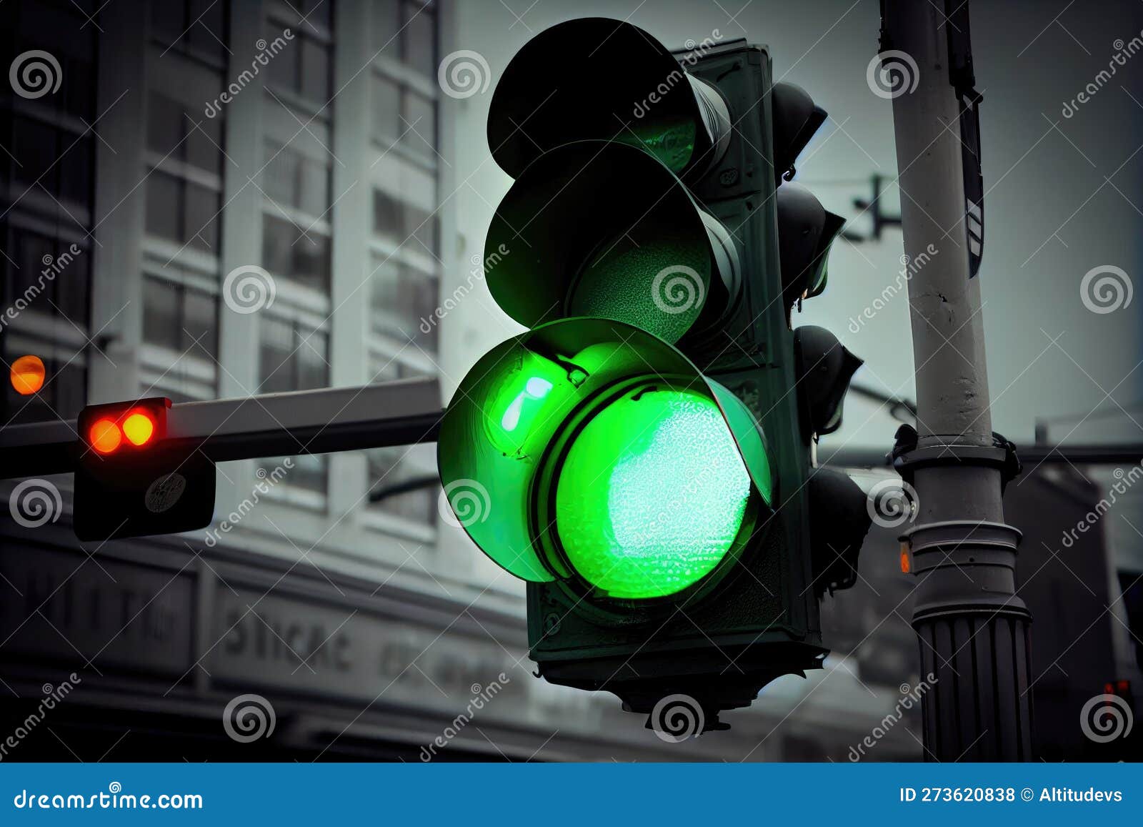 Green Traffic Light Hanging from the Ceiling in Busy Intersection Stock ...