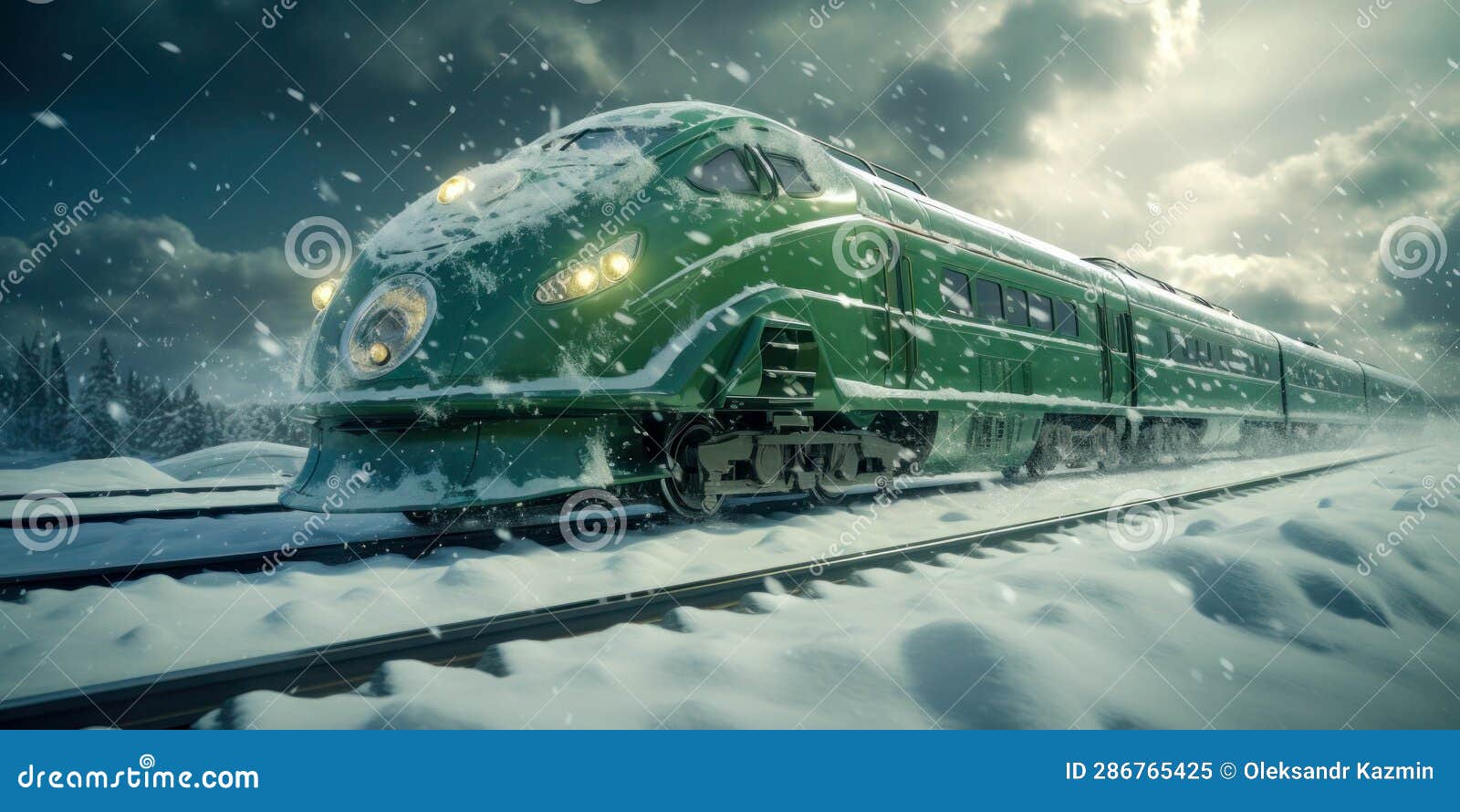 A Green Train Running through Snowy Night Stock Illustration ...