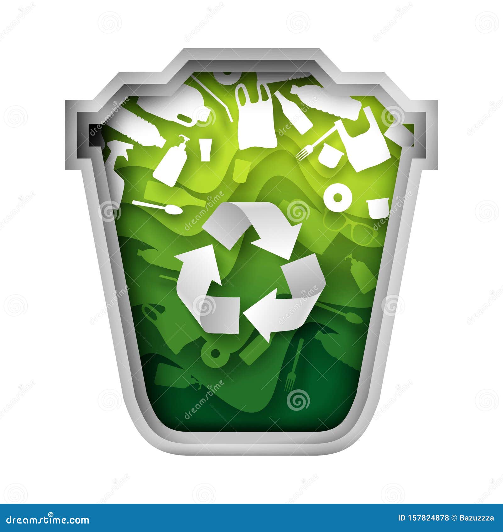 Green Trash Can with Plastic Garbage, Vector Paper Cut Illustration ...