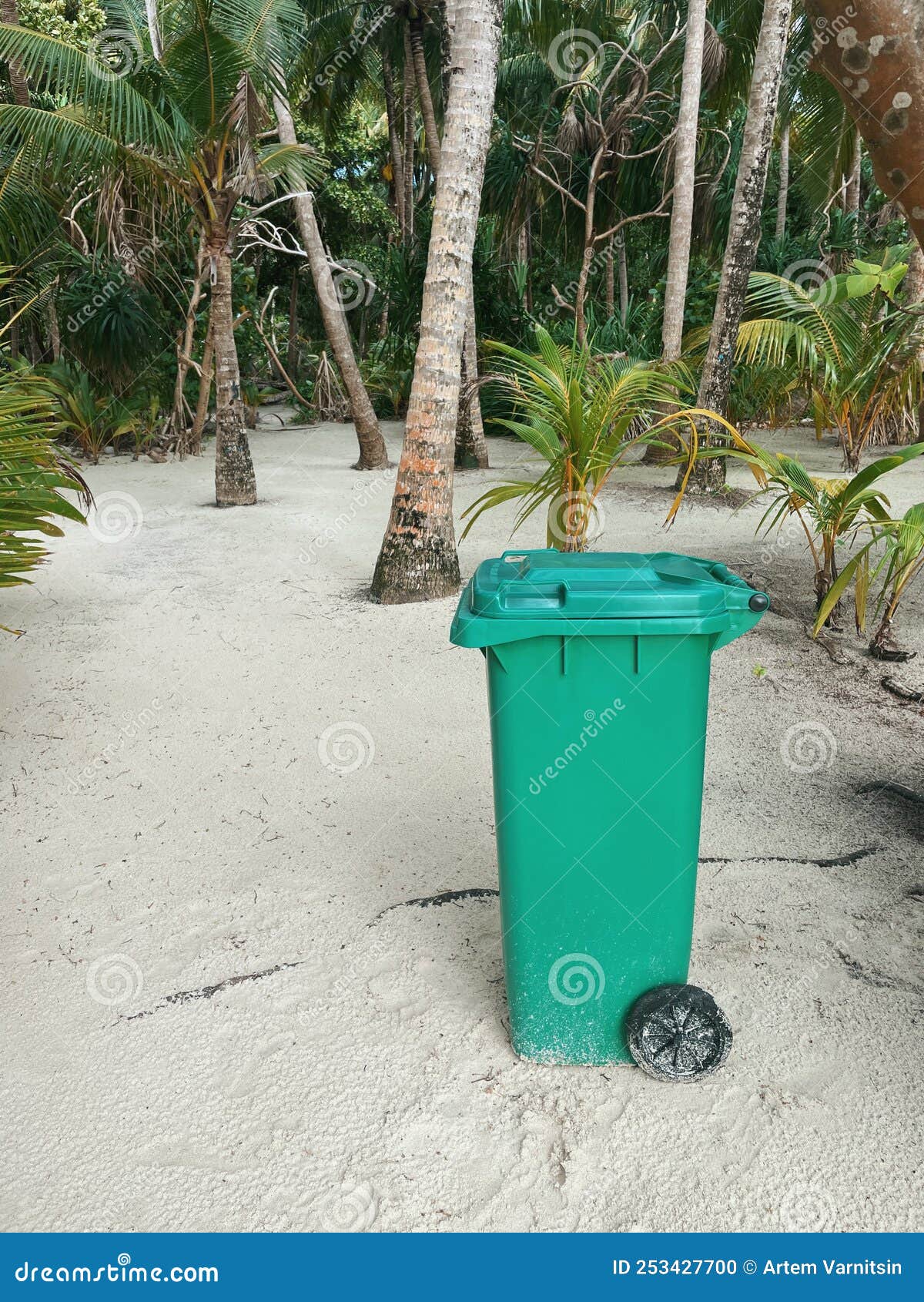 Green Trash Can on a Sand on Tropical Island Stock Photo - Image of ...