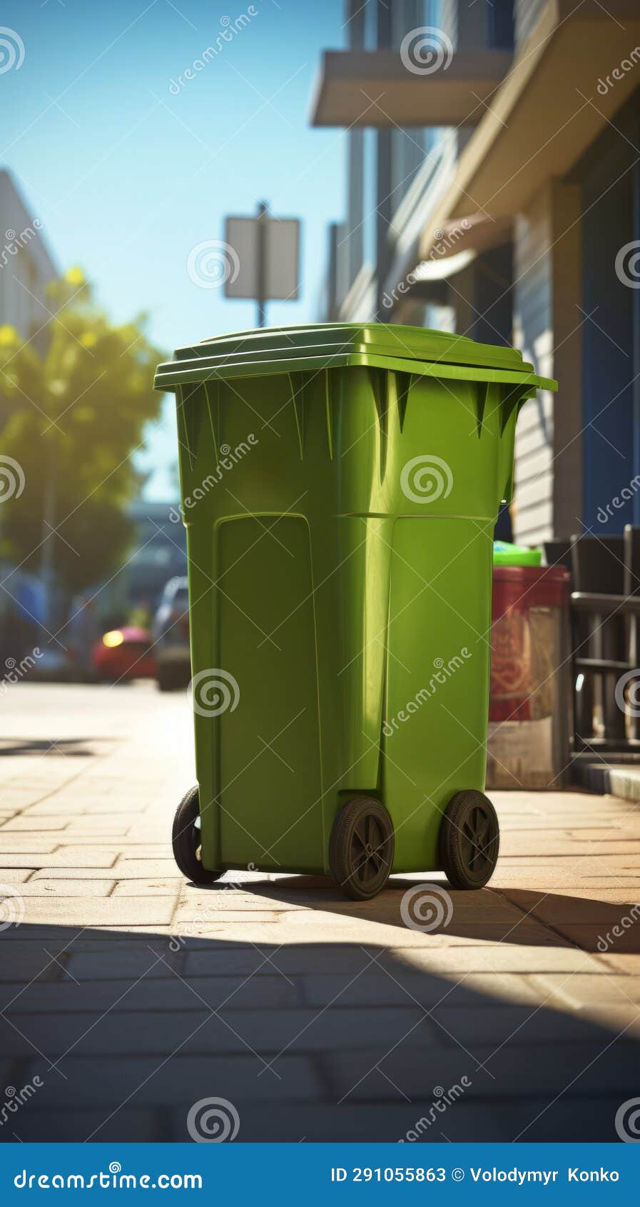 A Green Trash Can Sitting on a Sidewalk Stock Image - Image of ...