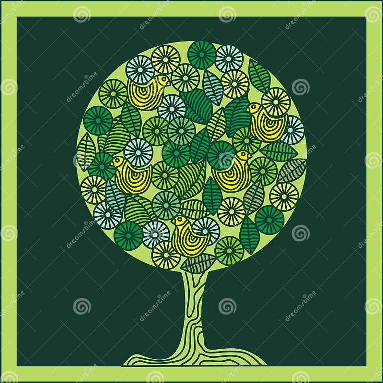 Green tree and birds. stock vector. Illustration of warm - 12990603