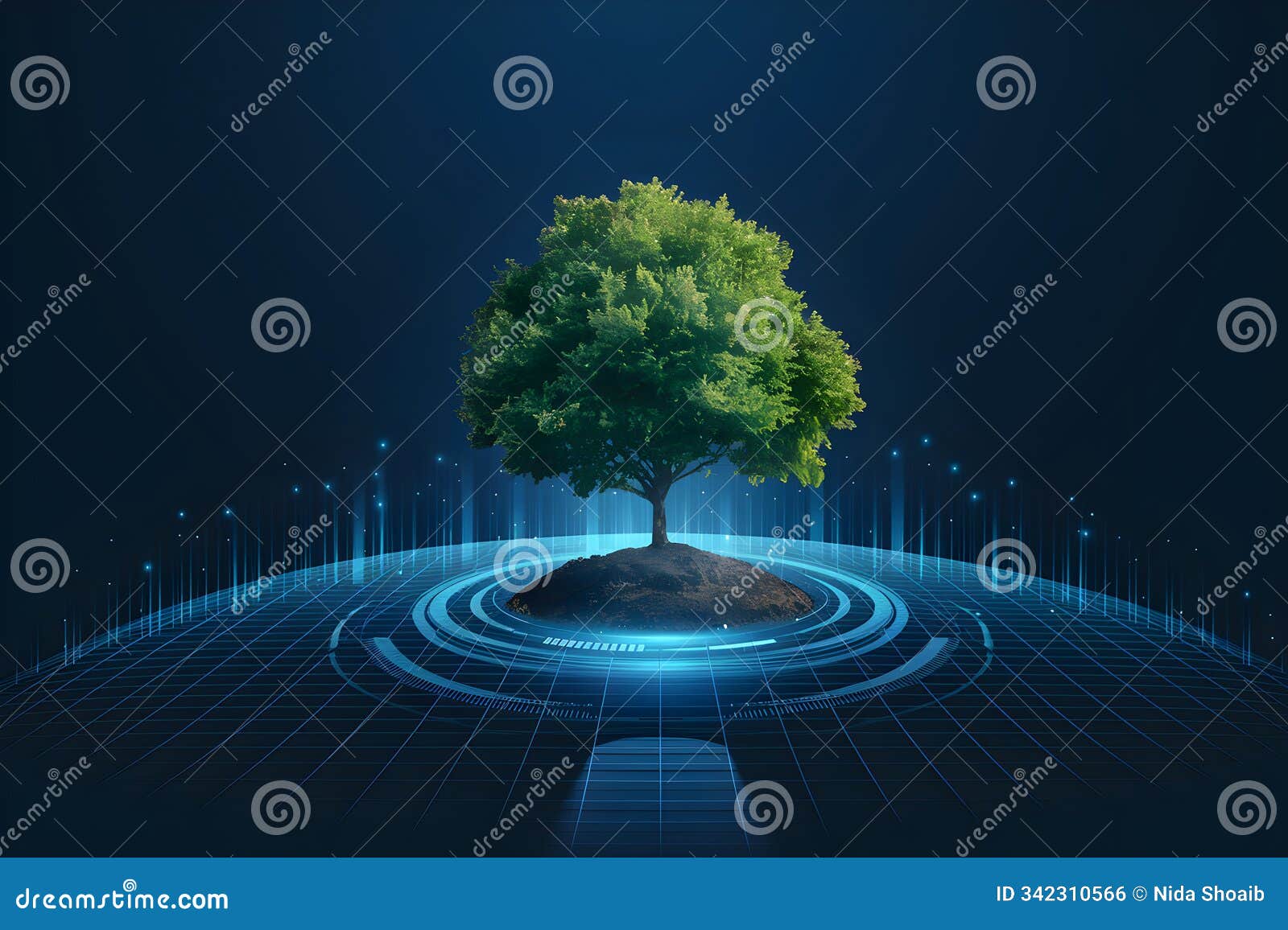 Green Tree Centered on Digital Interface, Futuristic Environmental ...
