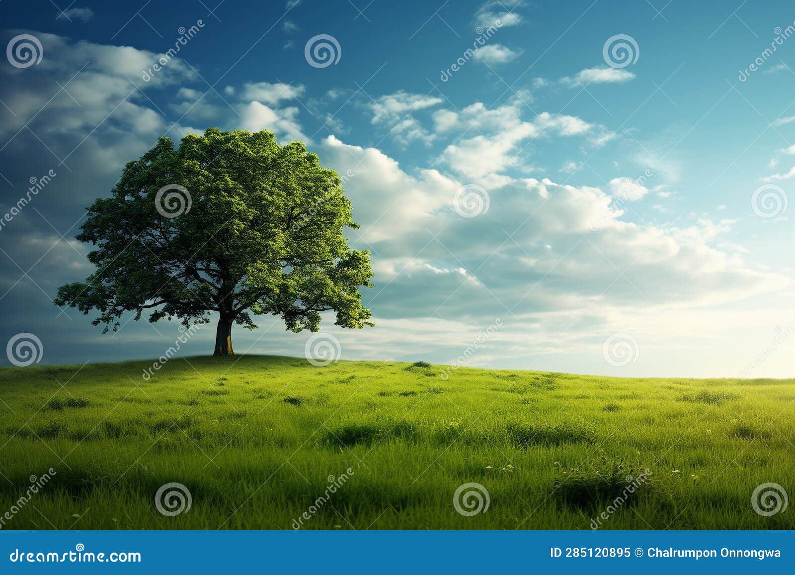 A Tree on Green Field with Clear Sky in Morning Stock Illustration ...