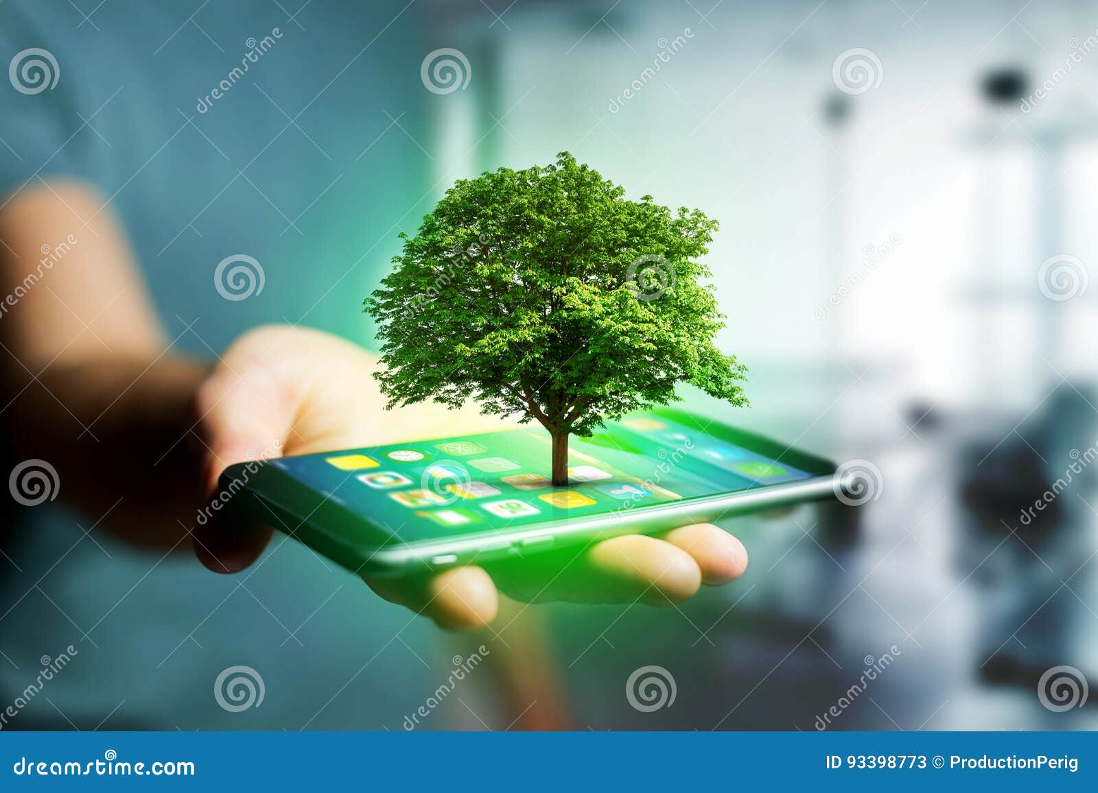 Green Tree Going Out of a Smartphone - Ecology Concept Stock Image ...
