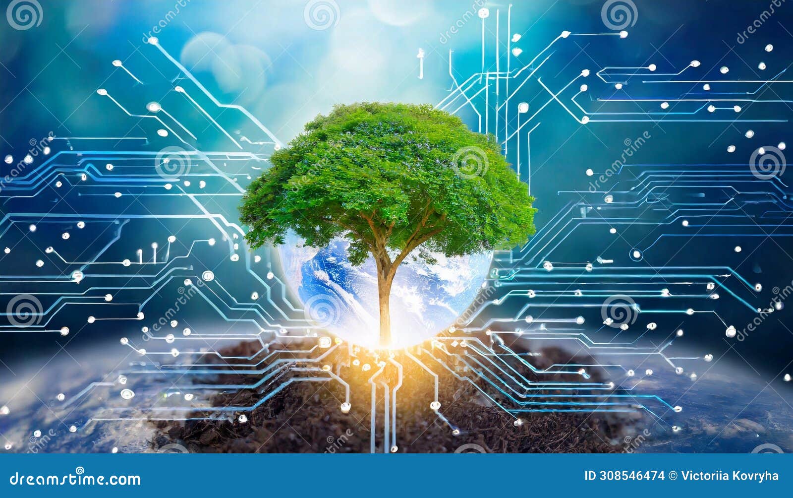 Green Tree Growing on Earth with Converging Point of Computer Circuit ...