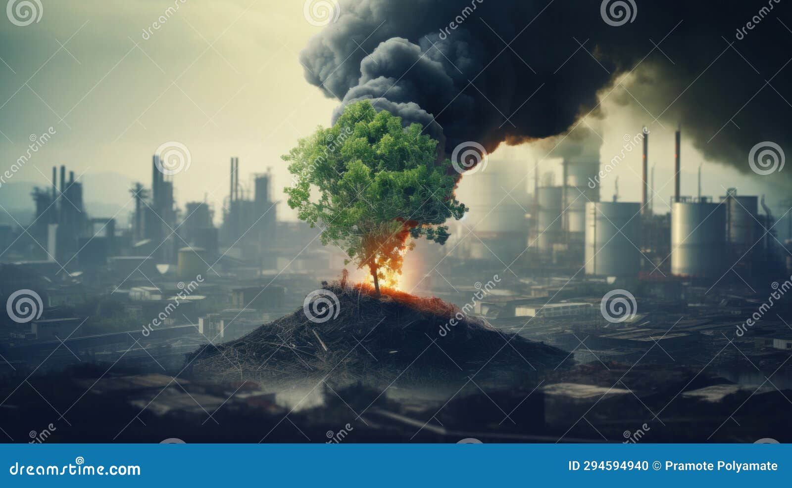 Green Tree Growing Environmental Problem Alert with Chemical Plant ...
