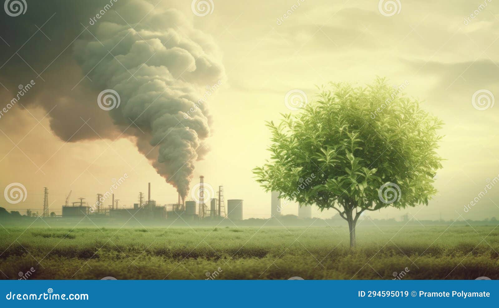 Green Tree Growing Environmental Problem Alert with Chemical Plant ...