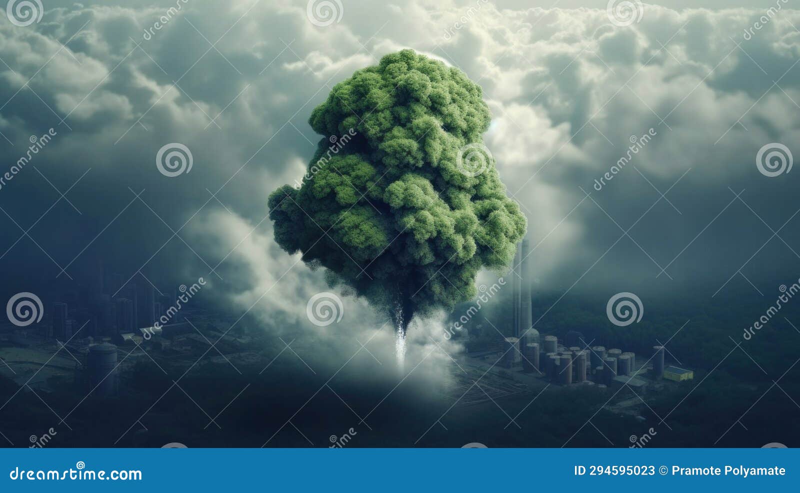 Green Tree Growing Environmental Problem Alert with Chemical Plant ...