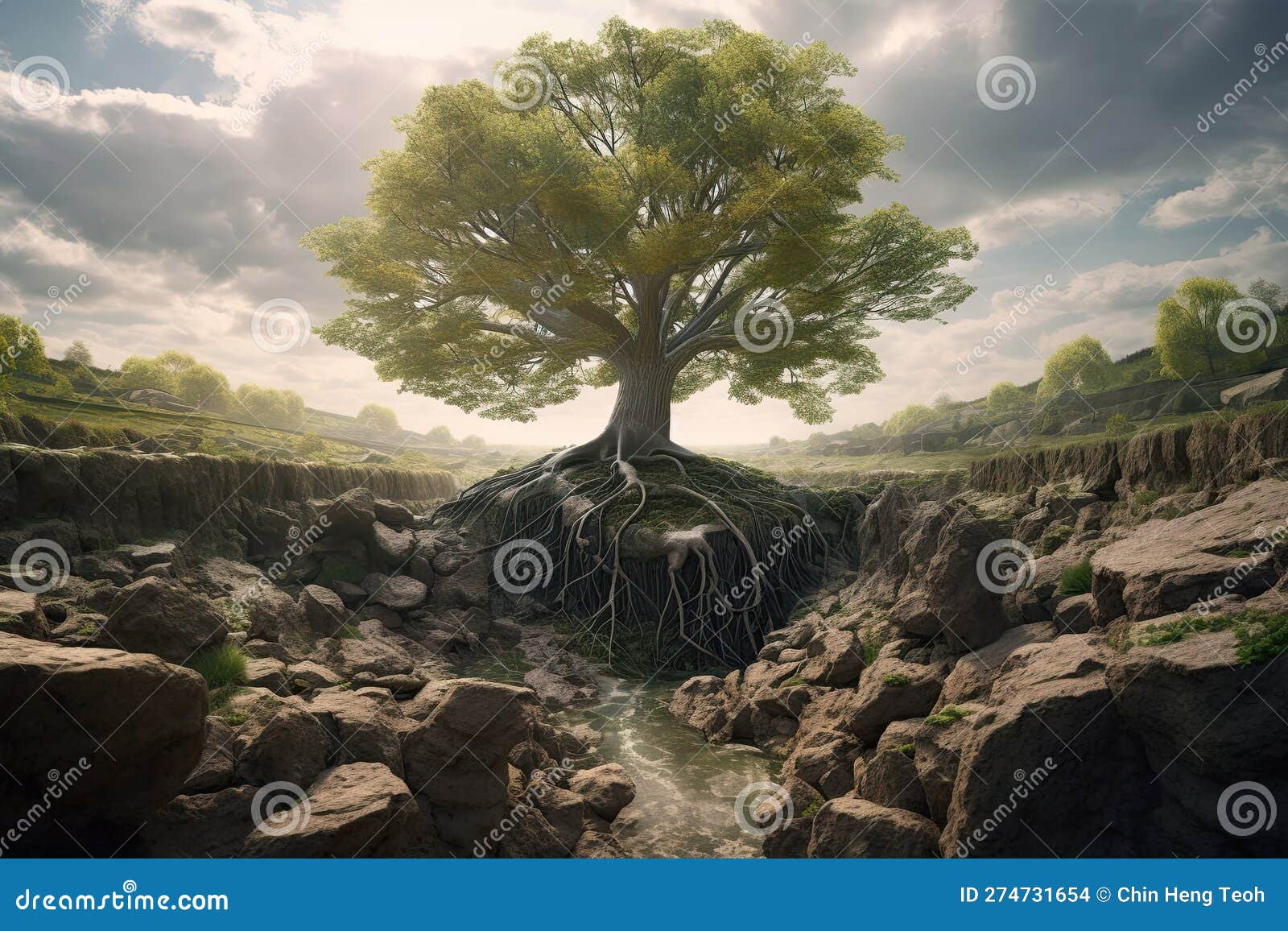 Green Tree in the Middle of a Ravine, Generative AI Stock Illustration ...