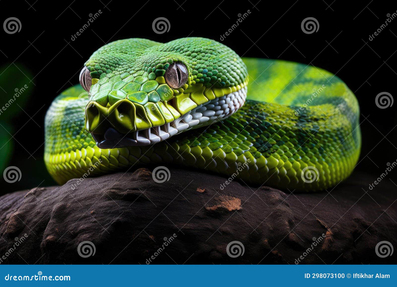 Green Tree Python Reticulated Python on Black Background, Green Python ...