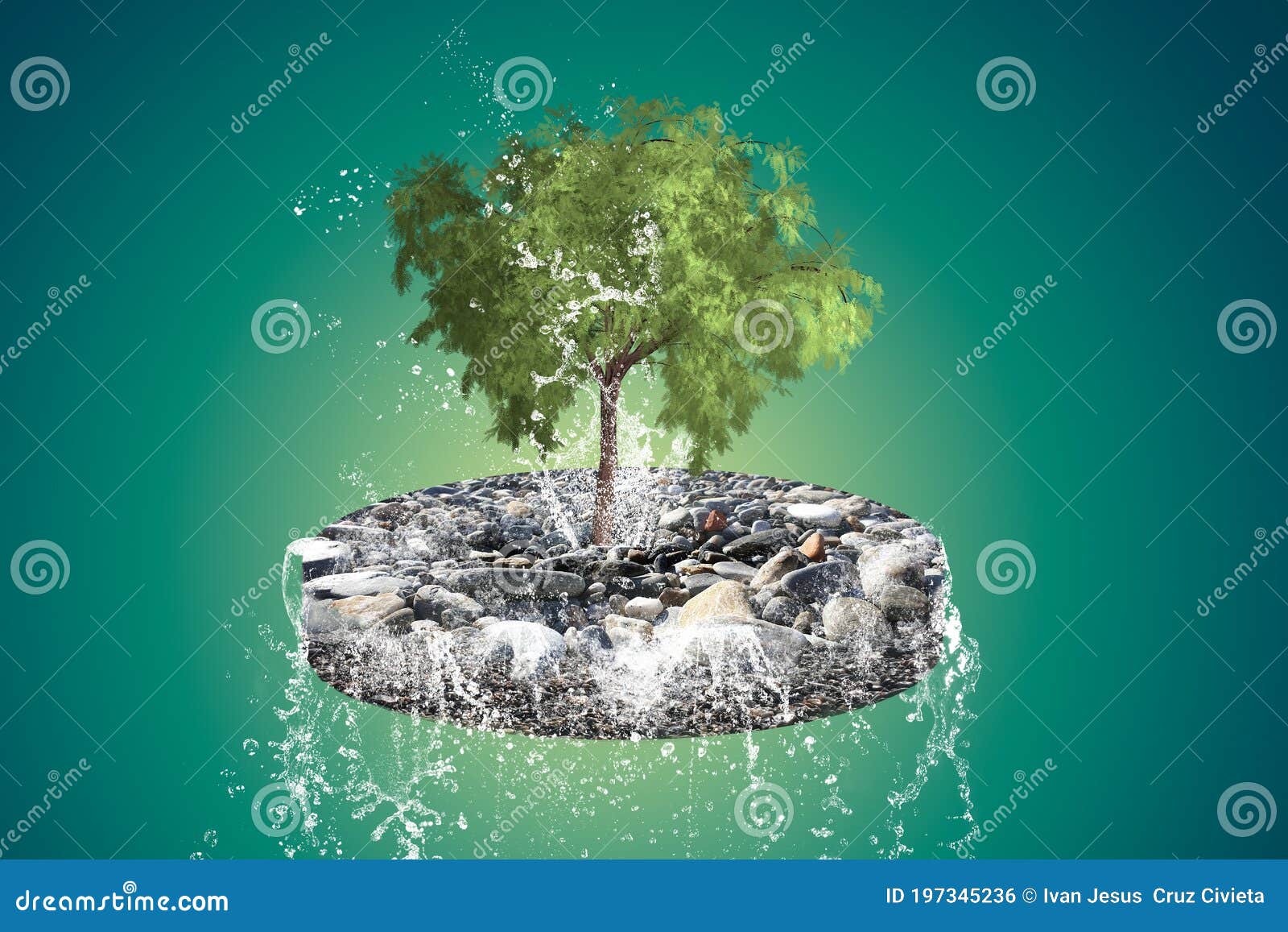 Green Tree on Rock Floor with Waterfalls and Splashes. Energy ...
