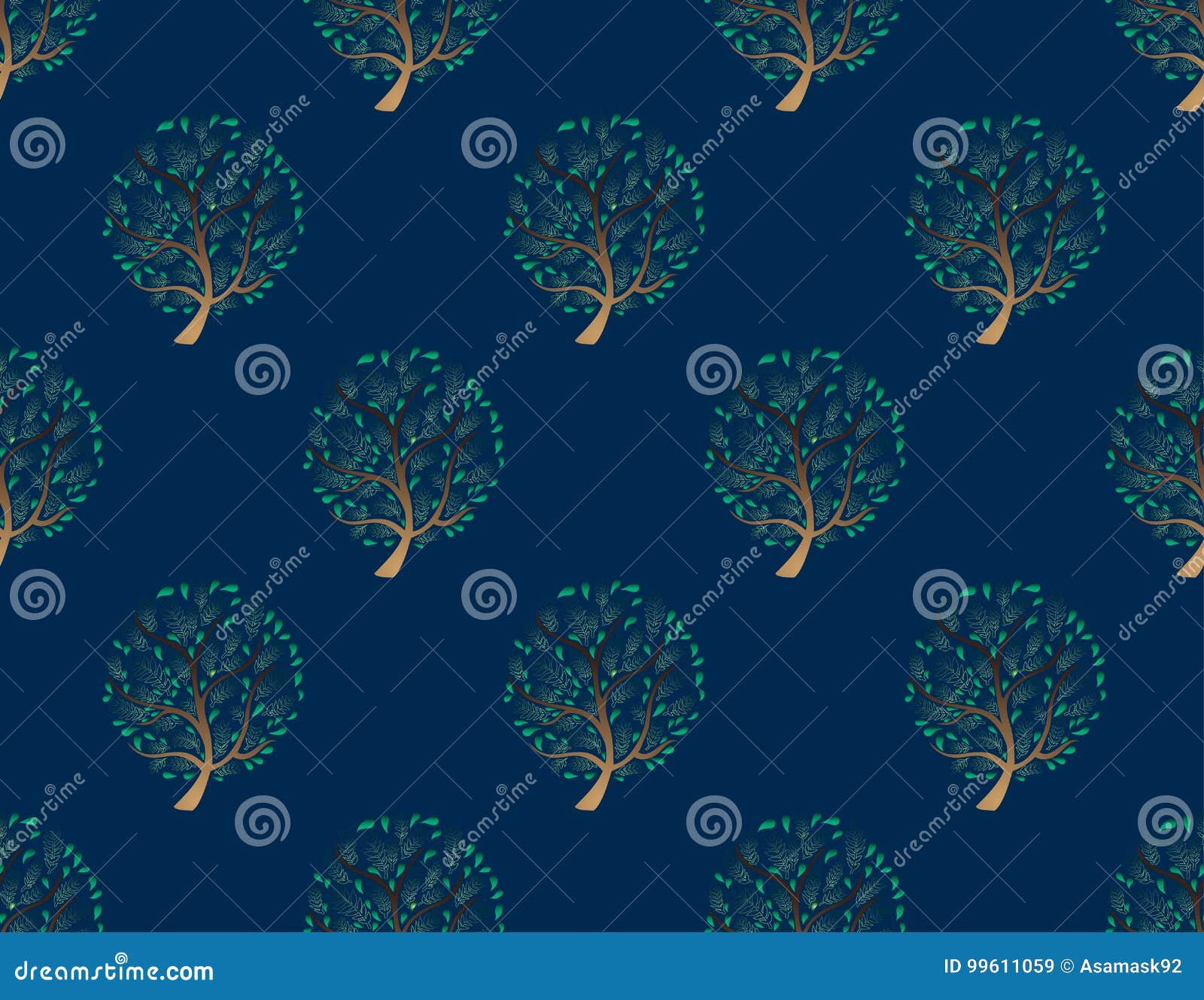 Green Tree Seamless on Indigo Blue Background. Vector Illustration ...