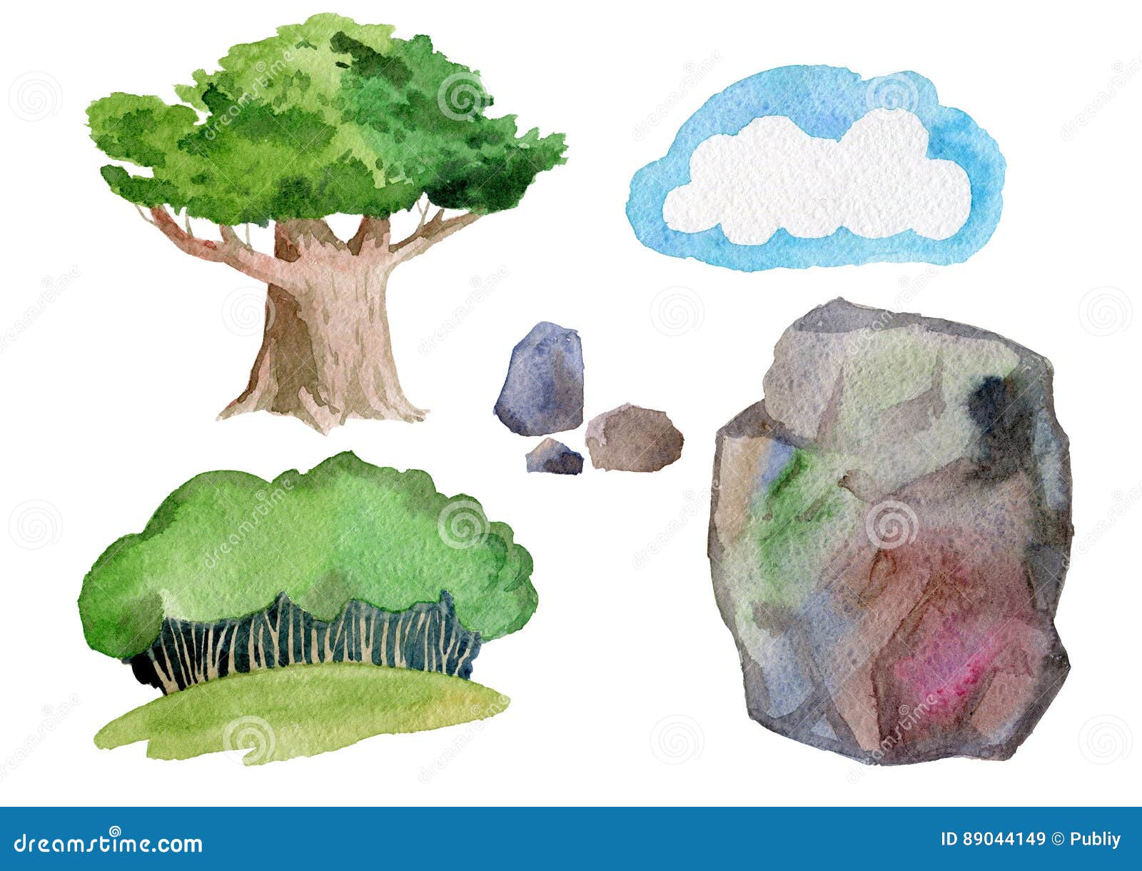 Green tree and stones stock illustration. Illustration of watercolor ...