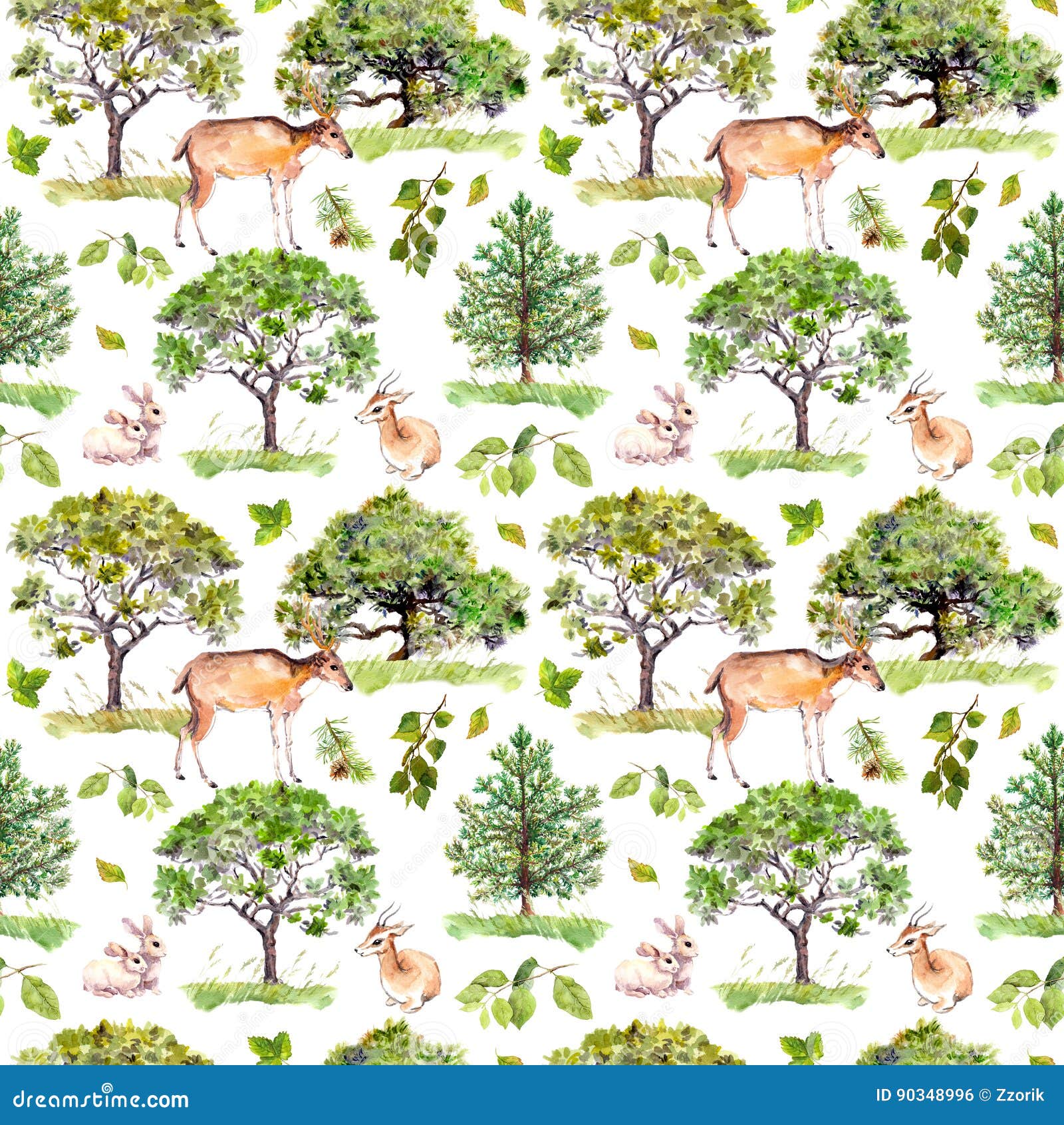 Green Trees. Park, Forest Pattern with Forest Animals - Deer, Rabbits ...