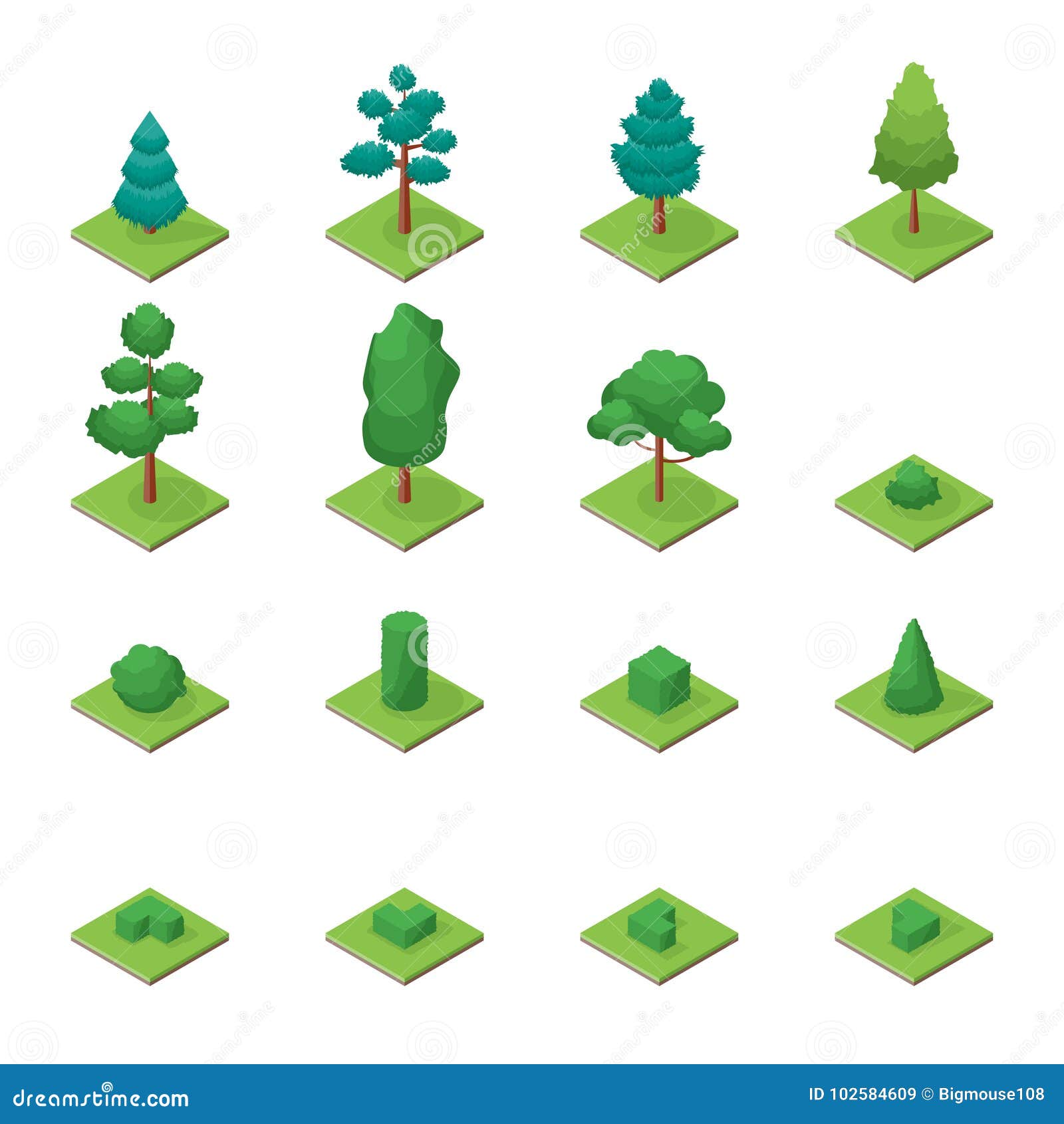 Green Trees Park Objects Set Icons 3d Isometric View. Vector Stock ...