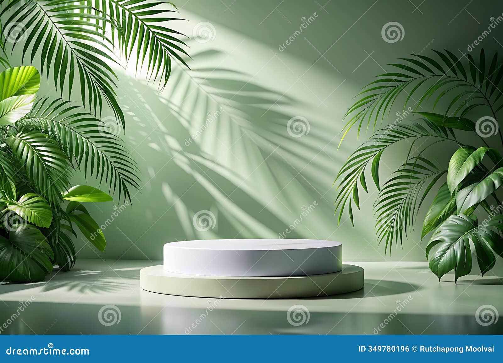 Green Tropical Product Display with Palm Leaves and White Platform ...