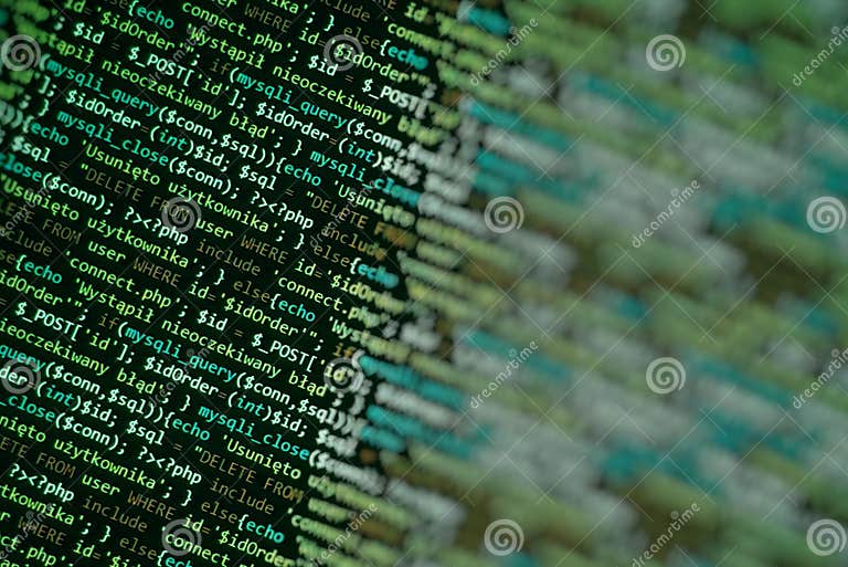 Green Unique Background. Programming Language on Laptop Computer Screen. Program Code PHP HTML ...