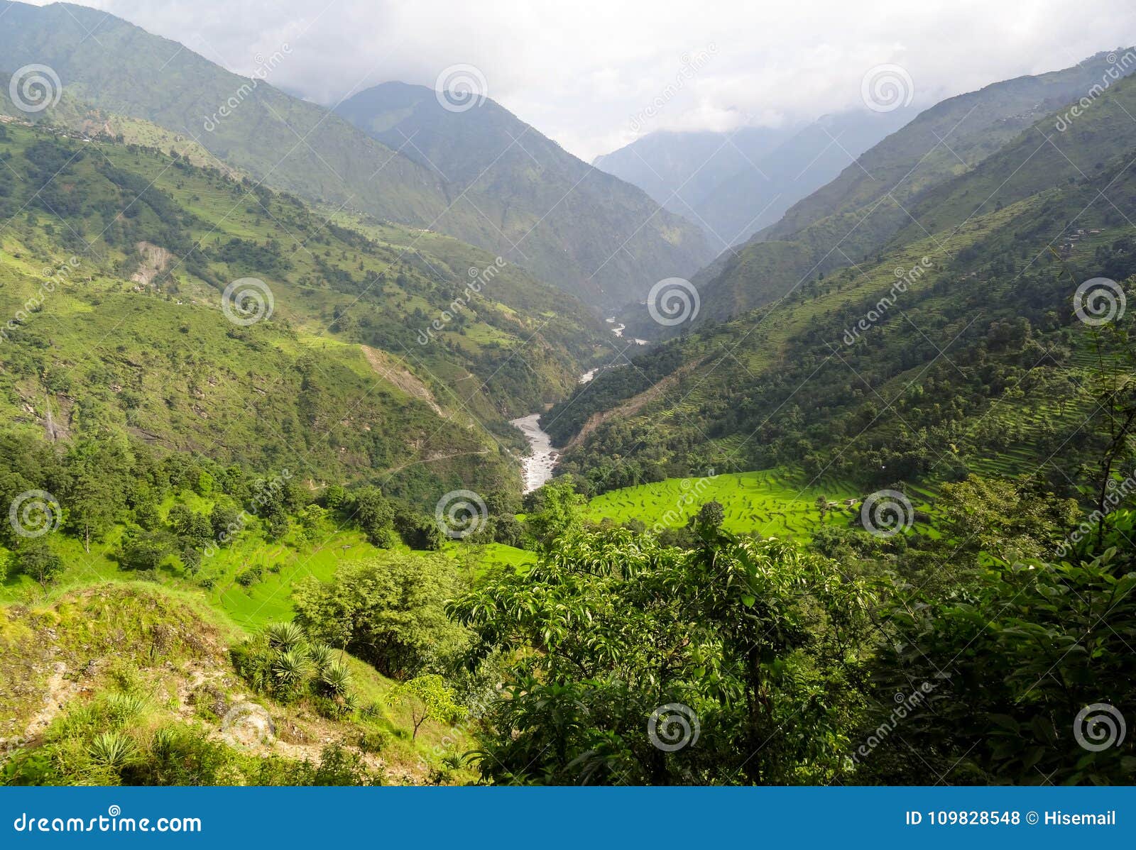 A Deep Valley in Neapal with Mountaintops Covered with Clouds Stock ...
