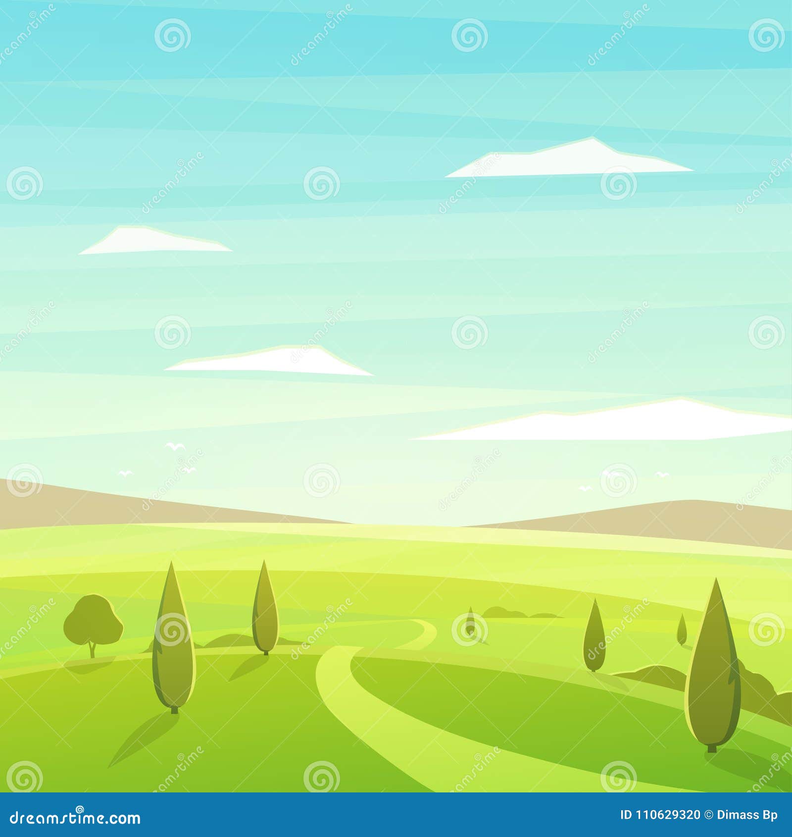 Green Valley Landscape with Trees Stock Vector - Illustration of grass ...