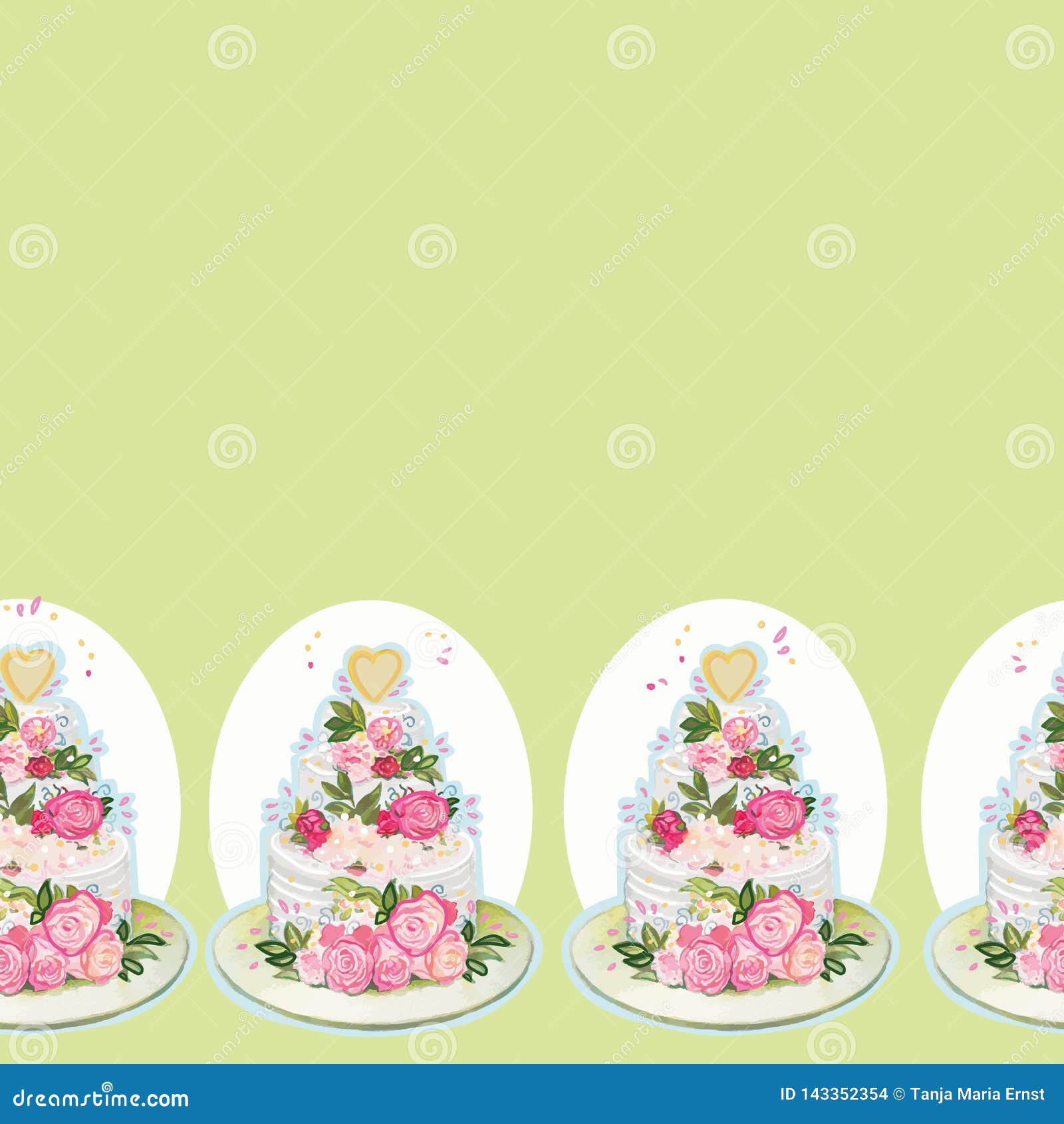 Green Border with Wedding Cake and Flowers. Stock Vector - Illustration ...