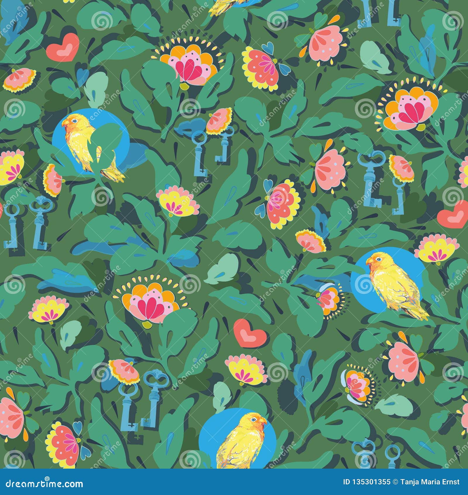 Green Pattern with Flower and Bird Stock Illustration - Illustration of ...