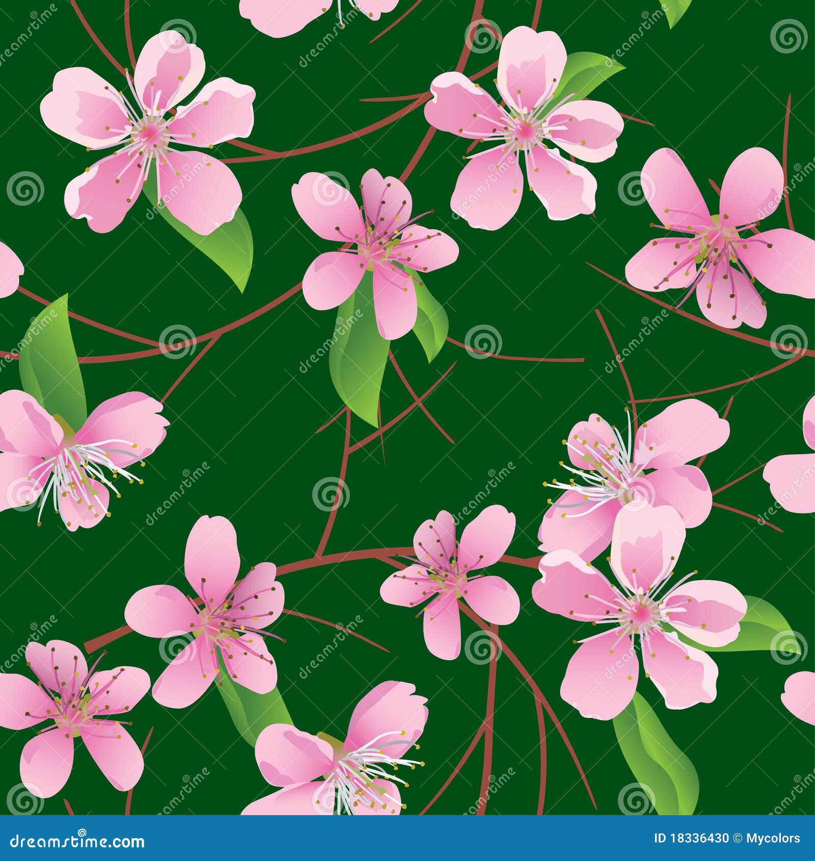 Green Vector Seamless Pattern with Peach Flowers Stock Vector ...