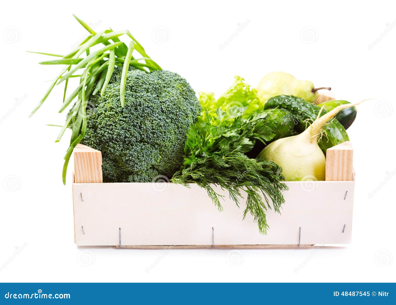 Green Vegetables and Fruit in Wooden Box Stock Image - Image of healthy ...