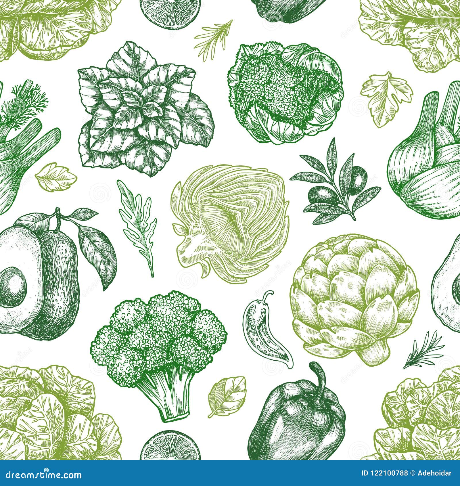 Green Vegetables Seamless Pattern. Handsketched Vintage Vegetables ...