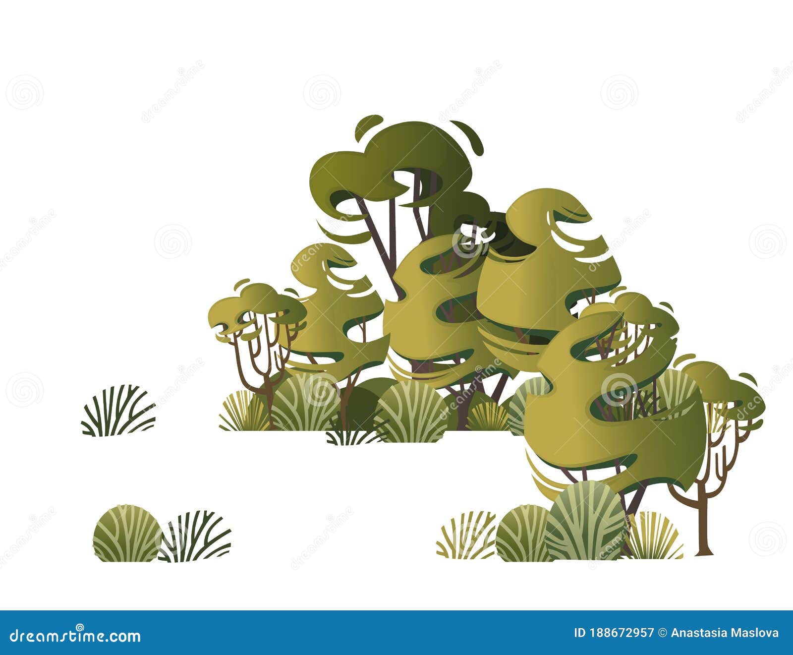 Green Vegetation Bushes Grass and Trees Flat Vector Illustration on ...