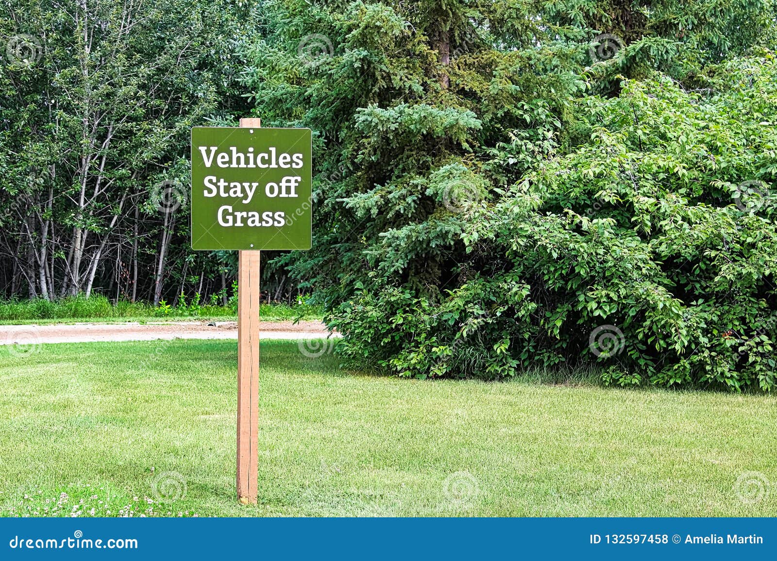 A Green Vehicles Stay Off the Grass Sign Stock Photo - Image of summer ...