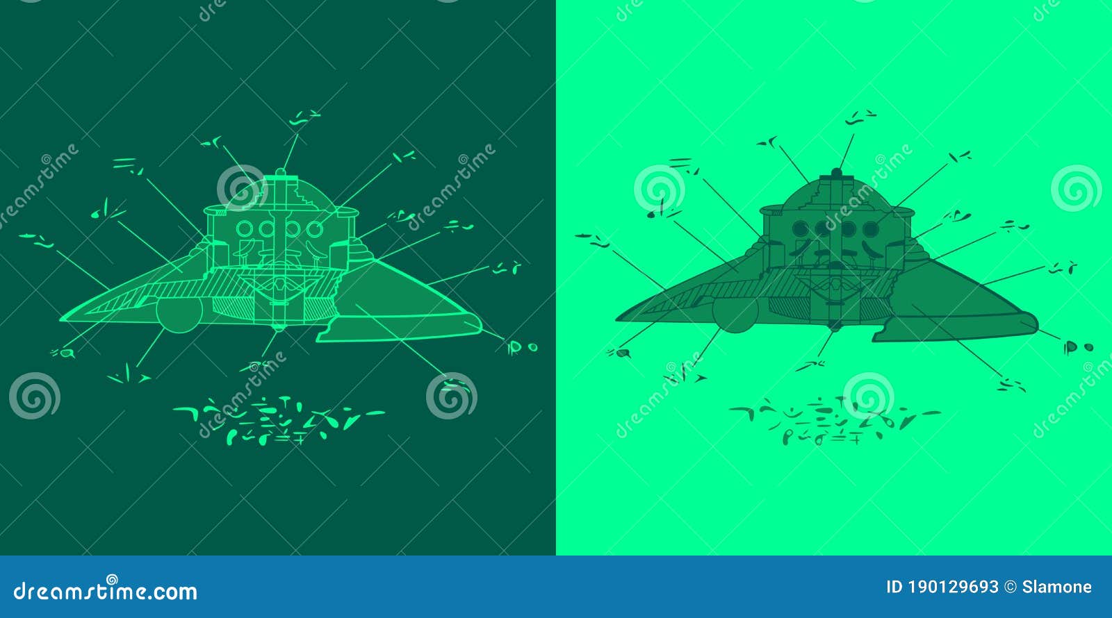 Green Version of Abstract Alien Plan of the Classic Dome UFO Flying ...