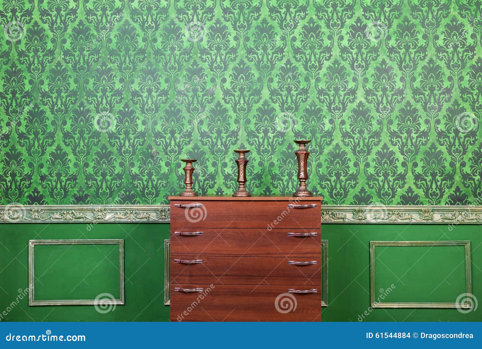 Green Vintage Interior with Rococo Pattern Background Stock Photo ...