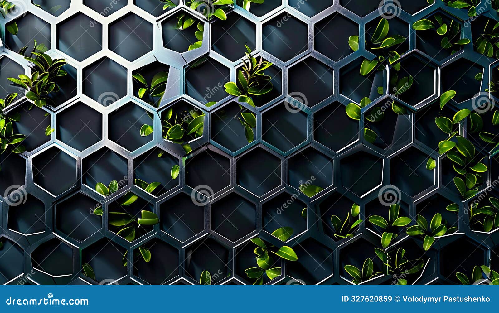 A Green Wall with Hexagonal Patterns and Plants Stock Image - Image of ...