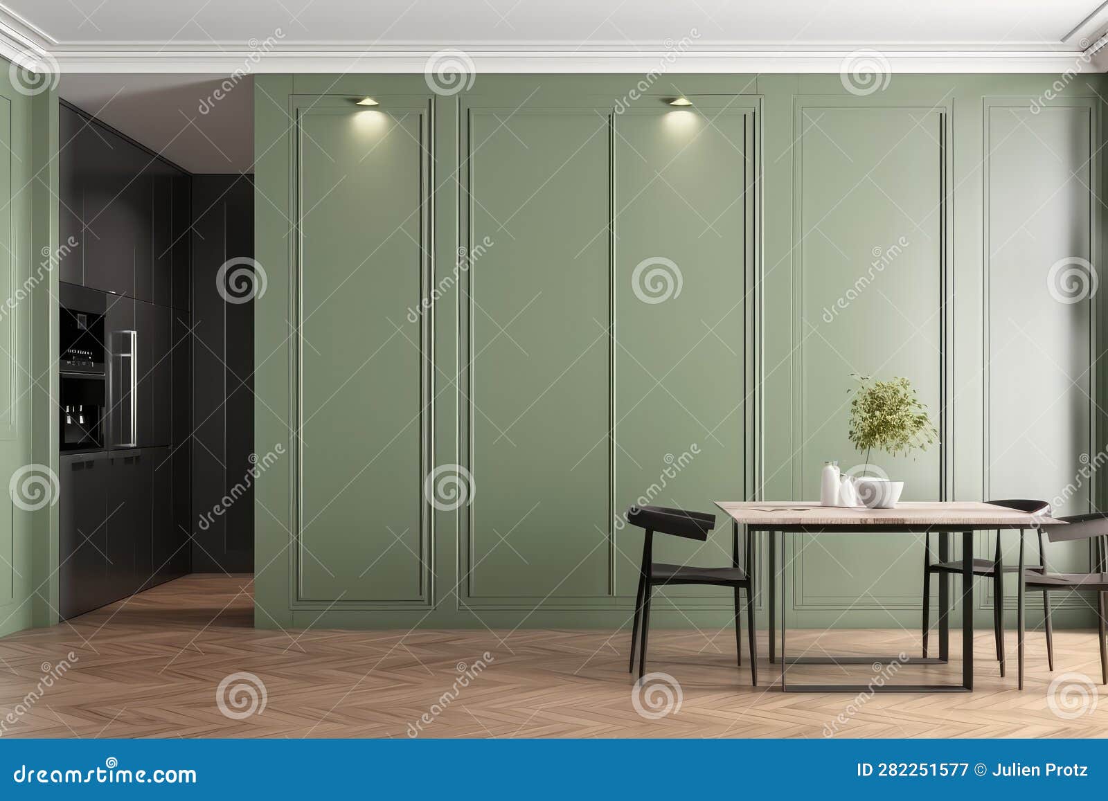 Green Wall Partition, White Baseboard On Parquet Floor In Luxury ...