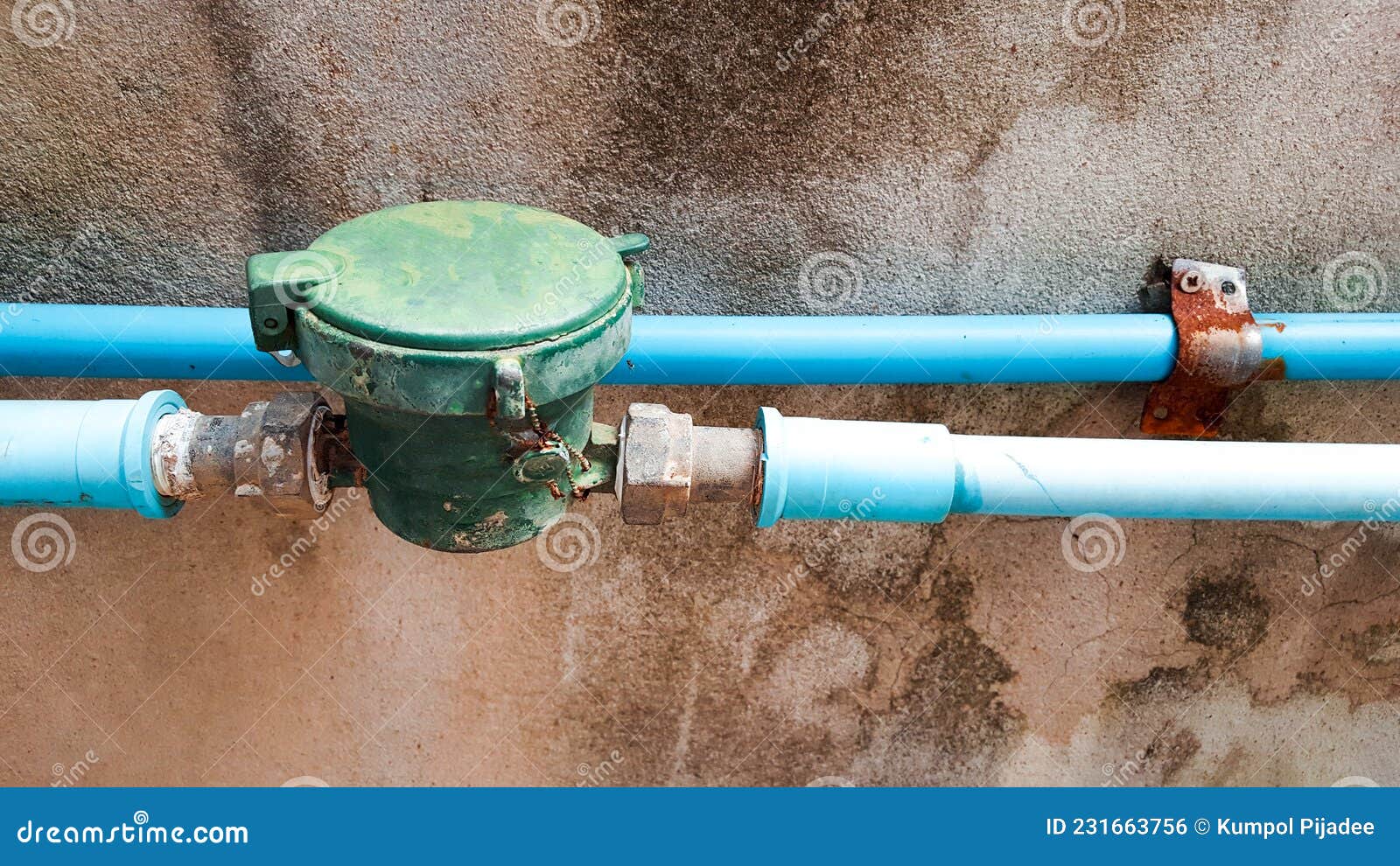 Green Water Meter Conected To the Blue Water Pipes Stock Photo - Image ...