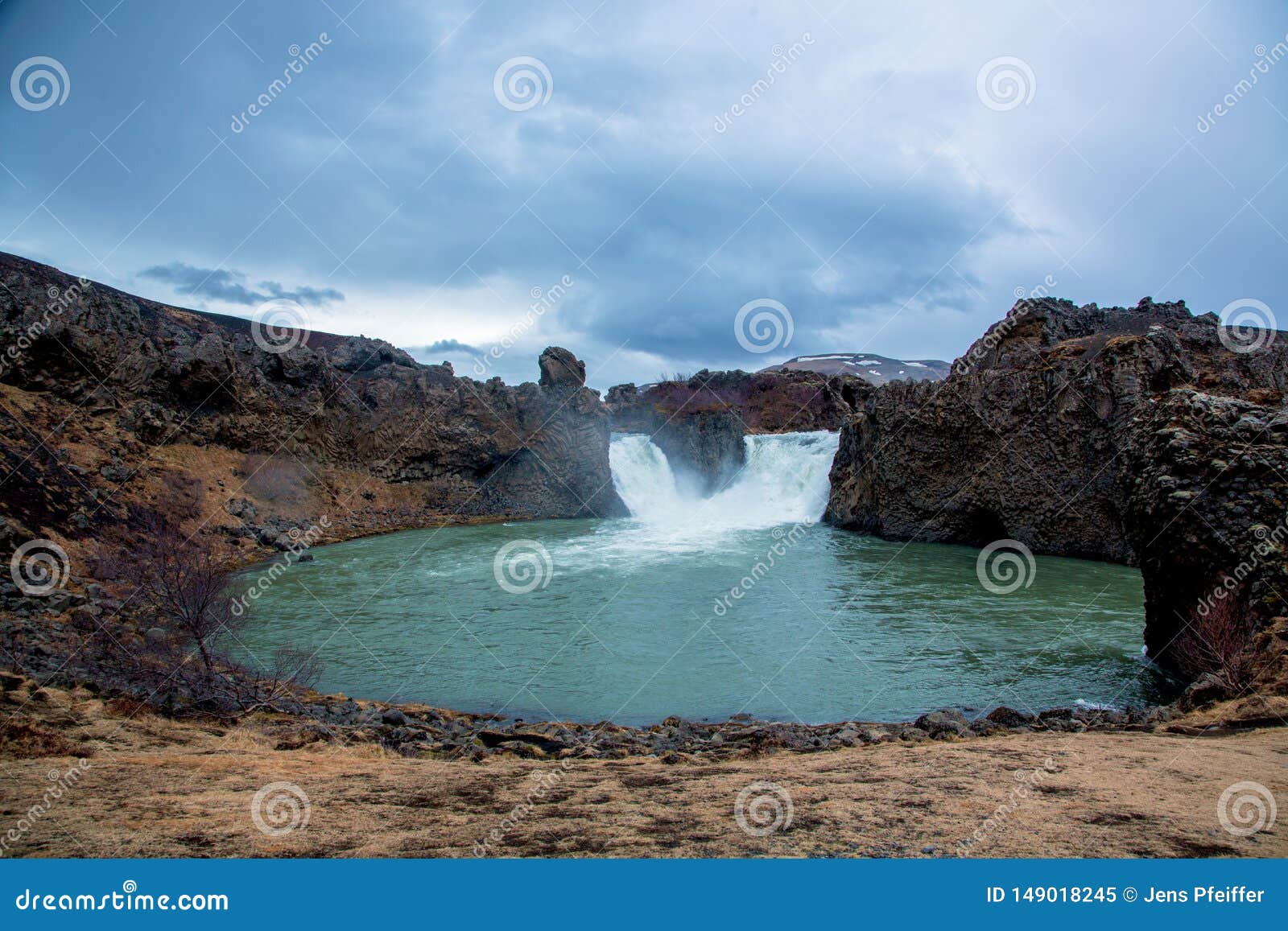 Green Waterfall with Basalt Rock Stock Image - Image of overgrown ...