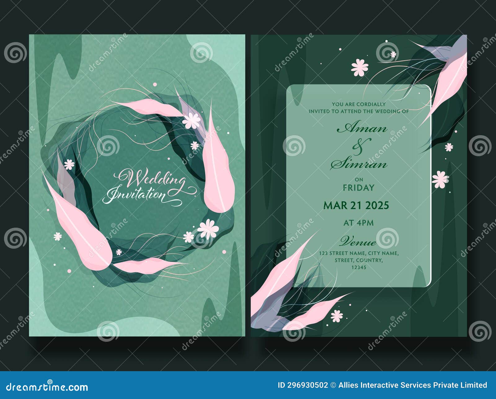 Green Wedding Invitation Card Design with Event Details in Front and ...