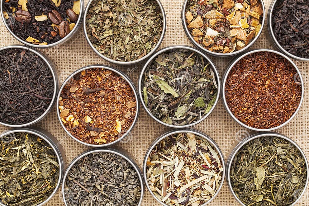 Green, White, Black and Herbal Tea Stock Image - Image of burlap ...