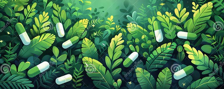Green and White Capsules Scattered in Dense Foliage Setting Stock ...