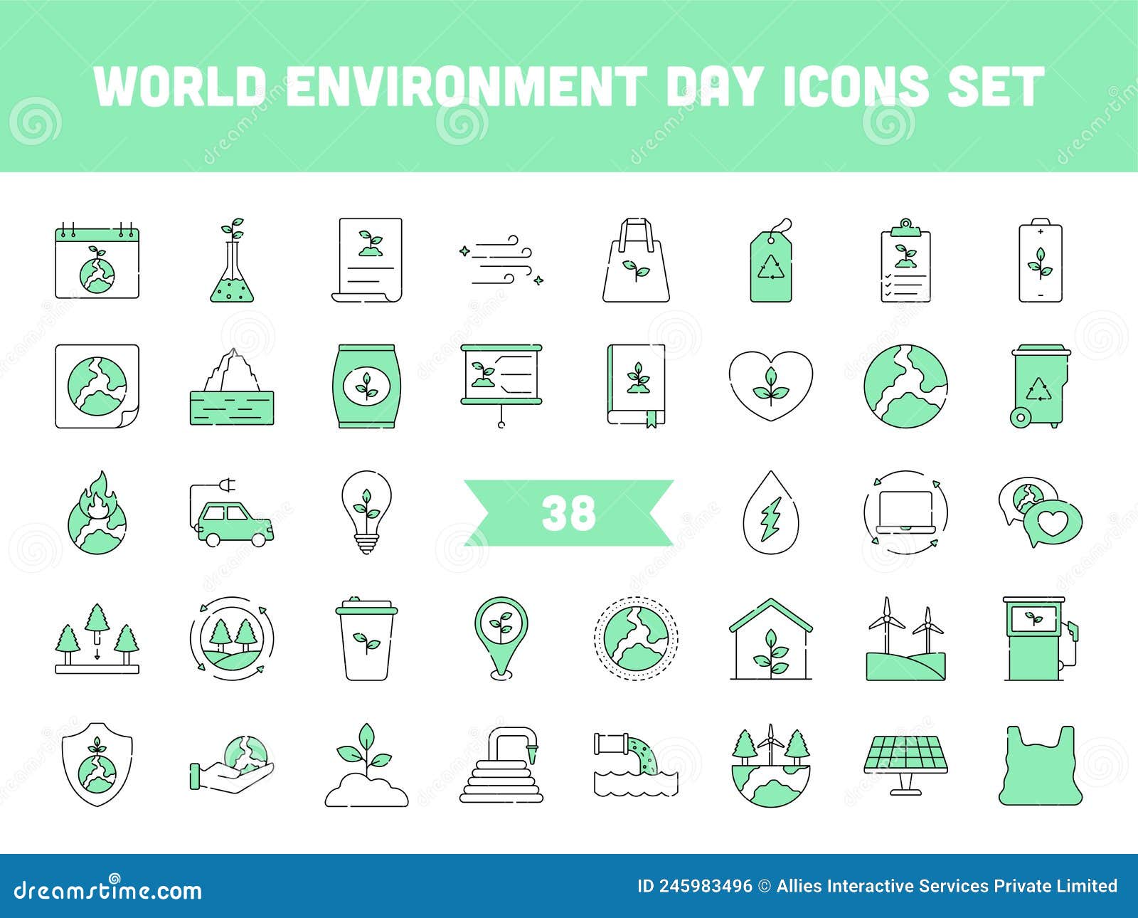 Green and White Color Set of World Environment Icons or Symbols Stock ...