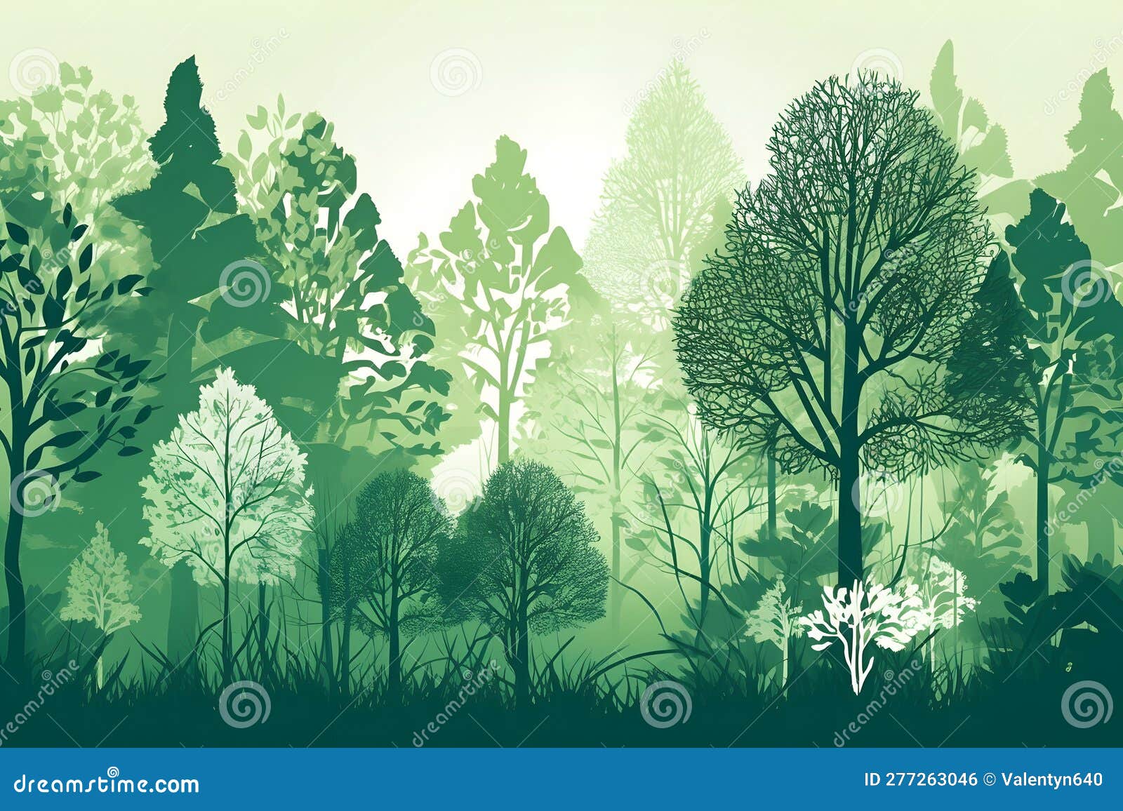 Green and White Forest Scene with Trees and Bushes in the Foreground ...